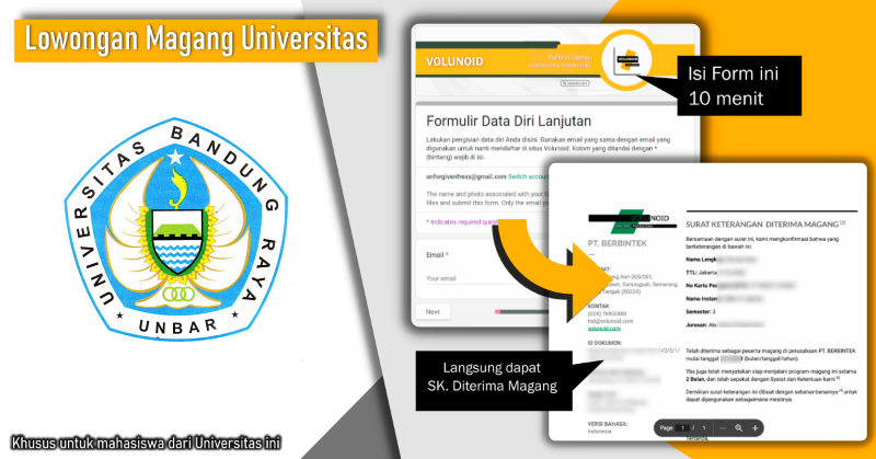 Lowongan Magang Universitas Bandung Raya. Tanpa Seleksi ! - May 2026